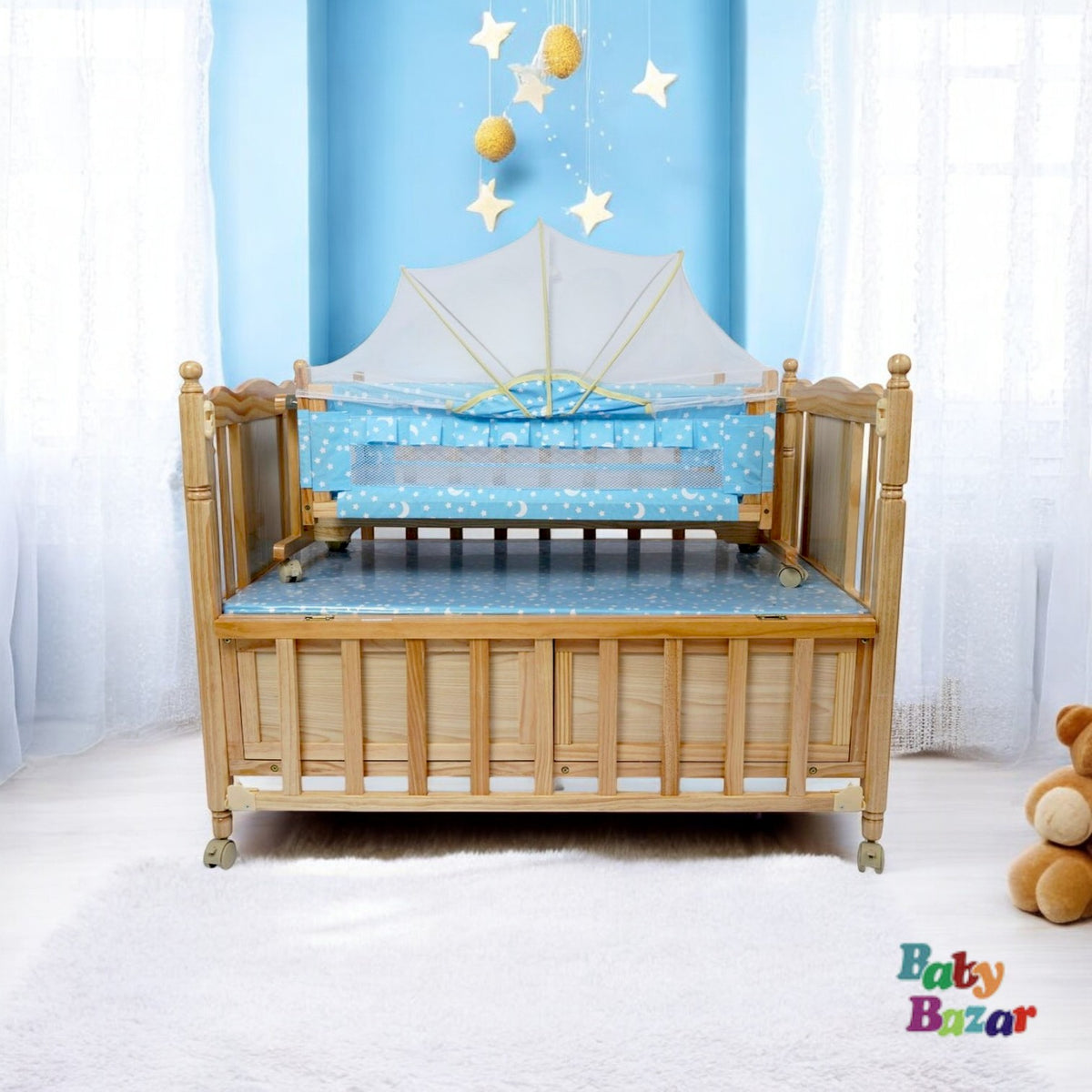 3 in 1 Wooden Baby Cot with Swing, Storage Drawers & Pull-Out Bed ...