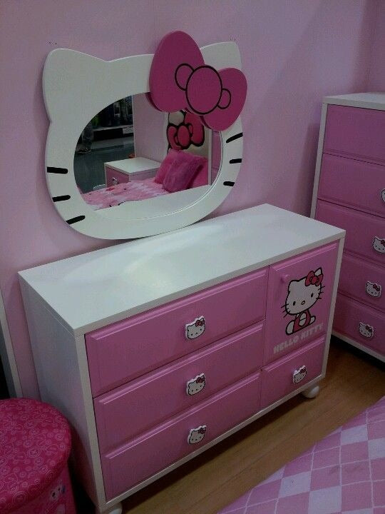 Hello Kitty Themed Dresser with Mirror – Pink & White Wooden Storage ...