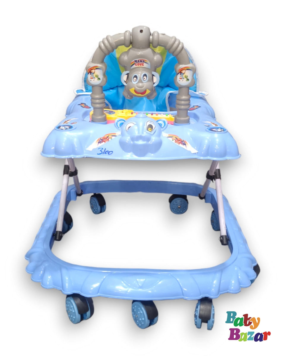 Baby Walker In Monkey Character Sky Blue Color With Music – Baby Bazar