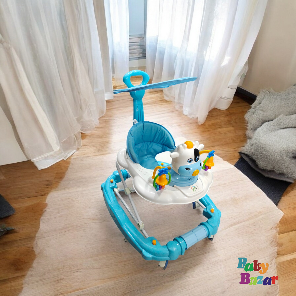 2-in-1 Baby Walker & Rocker with Interactive Cow Design – Adjustable H ...