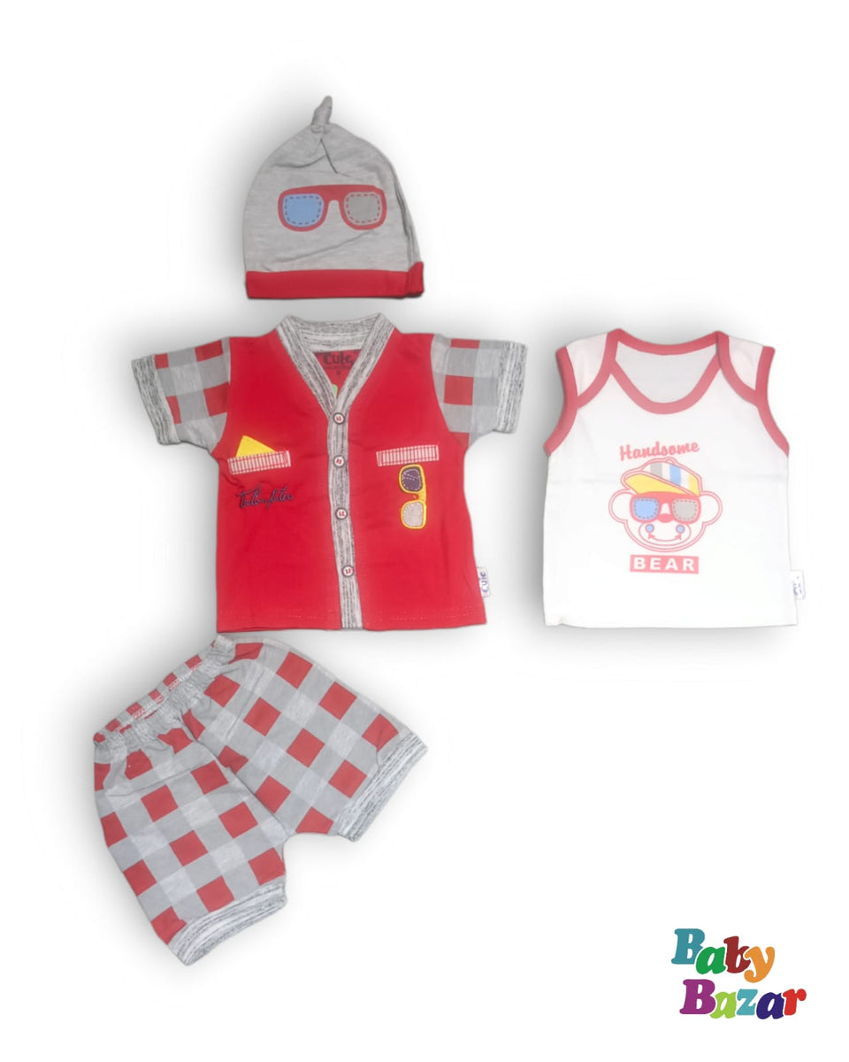 New Born Baba 4Pc Summer Set In Red Color – Baby Bazar