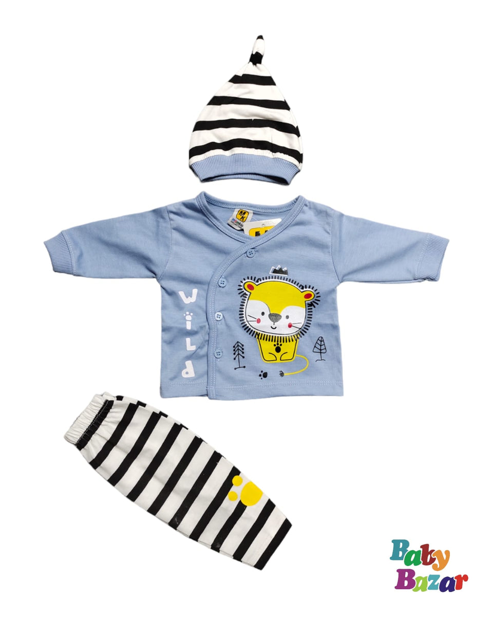 Newborn Baba Dress In Lion Printed Design Light Blue Color – Baby Bazar