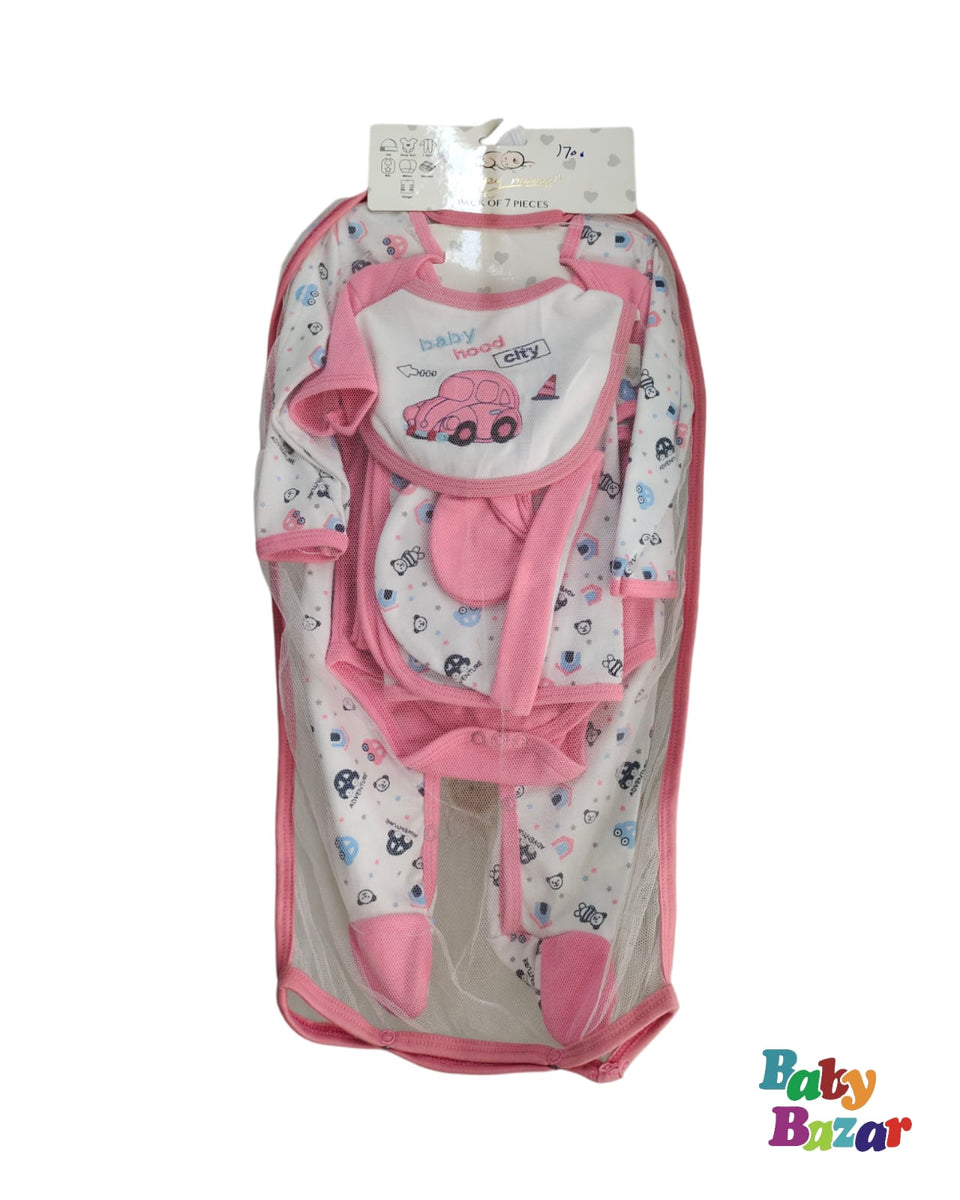 Newborn Baby 7Pc Starter Set In Pink Color Car Design – Baby Bazar