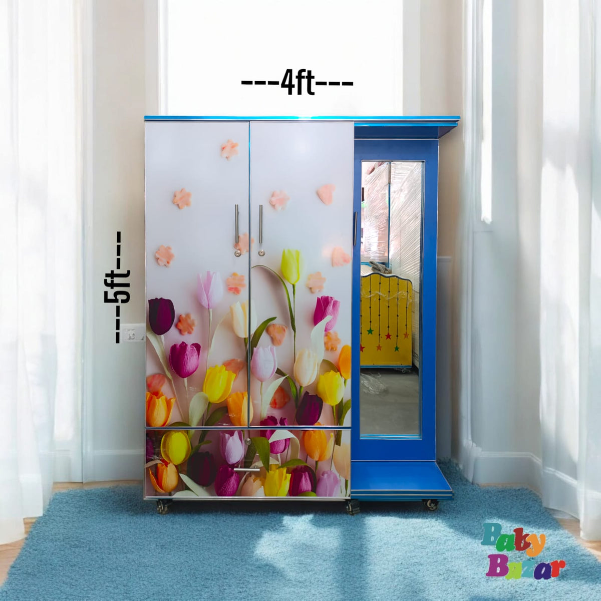 5ft Wooden Almari with Floral Design, Cupboard with Mirror & Spacious ...