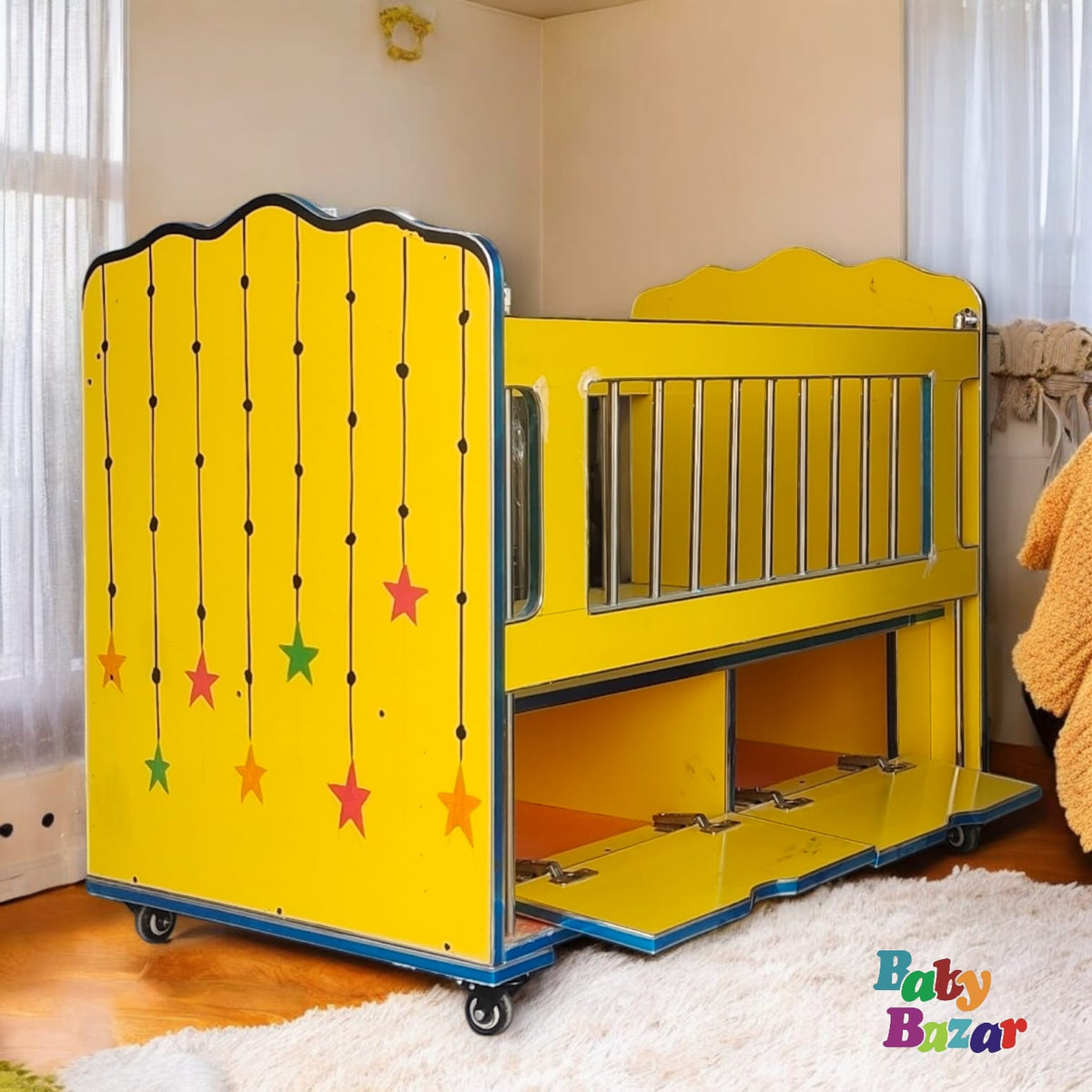 Stylish Yellow Painted Premium Wooden Baby Cot with Storage Boxes ...