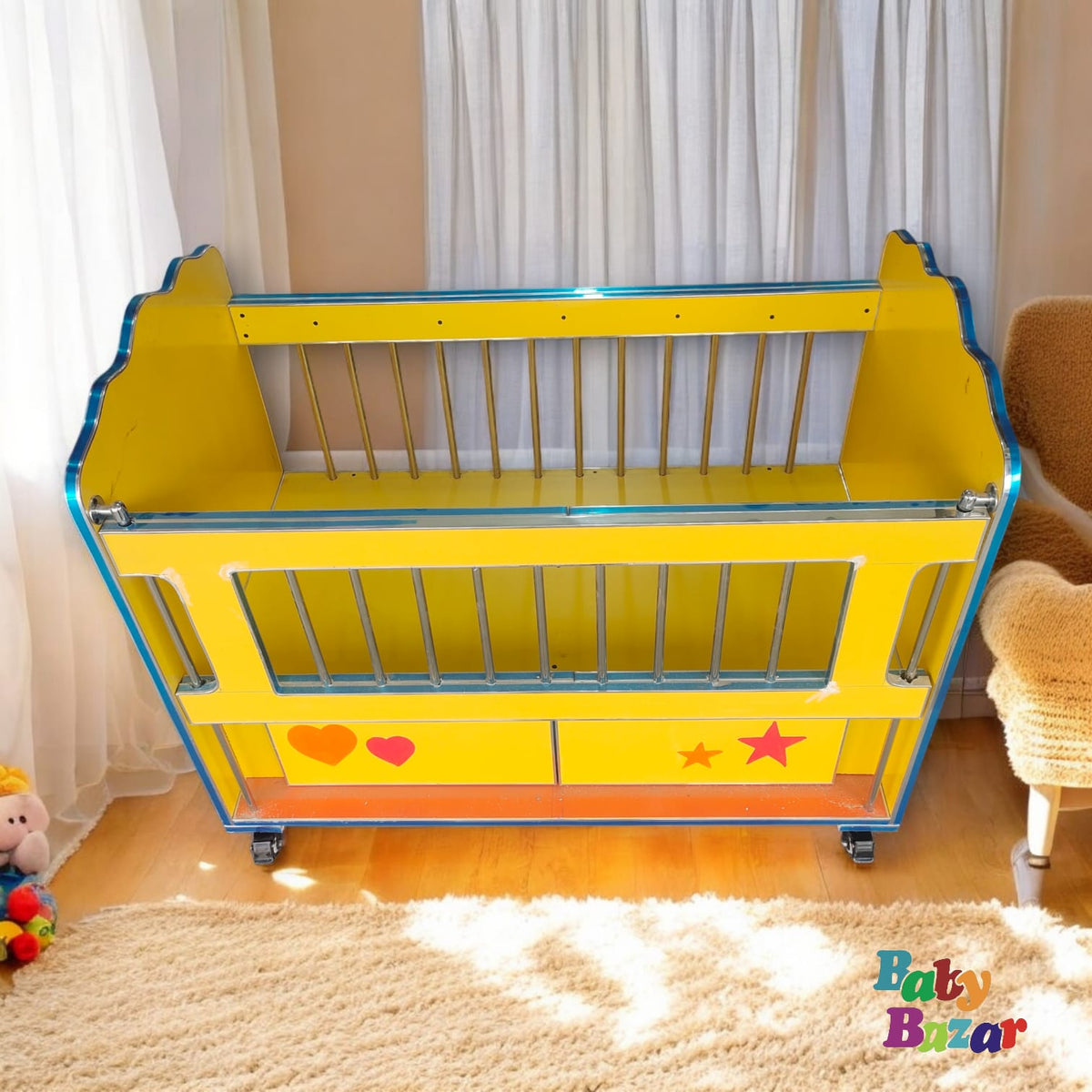 Stylish Yellow Painted Premium Wooden Baby Cot with Storage Boxes ...
