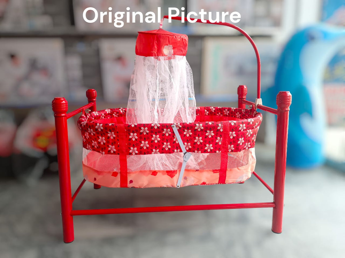 Red Baby Cradle Baby Jhula with Mosquito Net – Checker & Cartoon Print ...