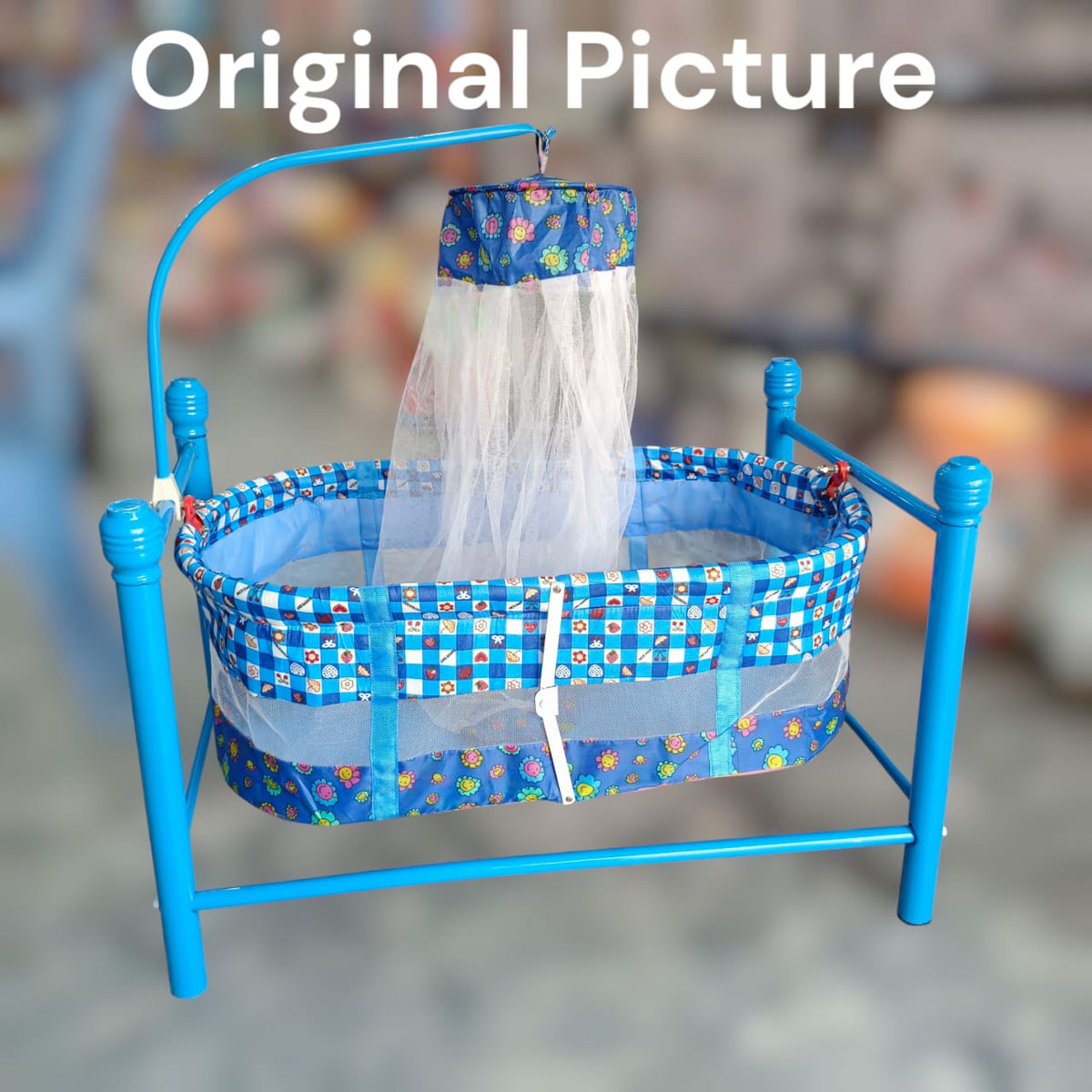 Blue Baby Cradle Baby Jhula with Mosquito Net – Checker & Cartoon Print ...