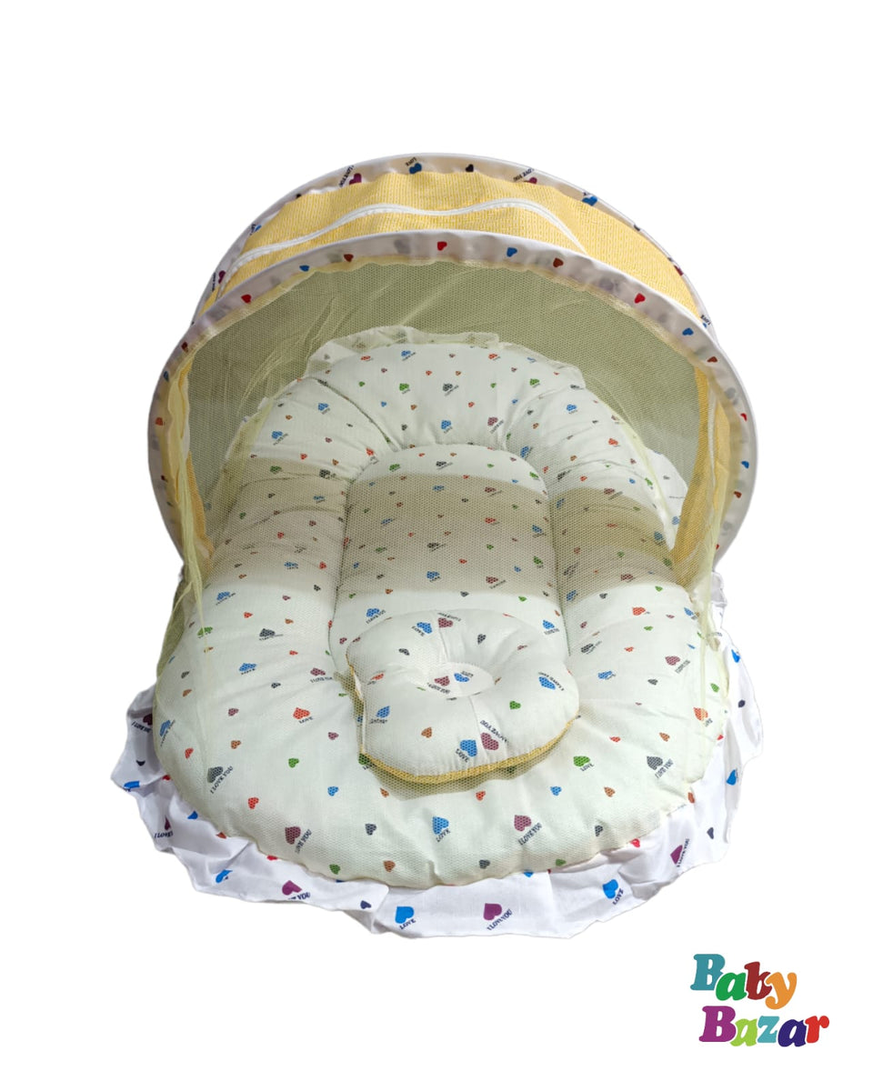 Baby Foldable Bister In Yellow Color With Mosquito Net – Baby Bazar