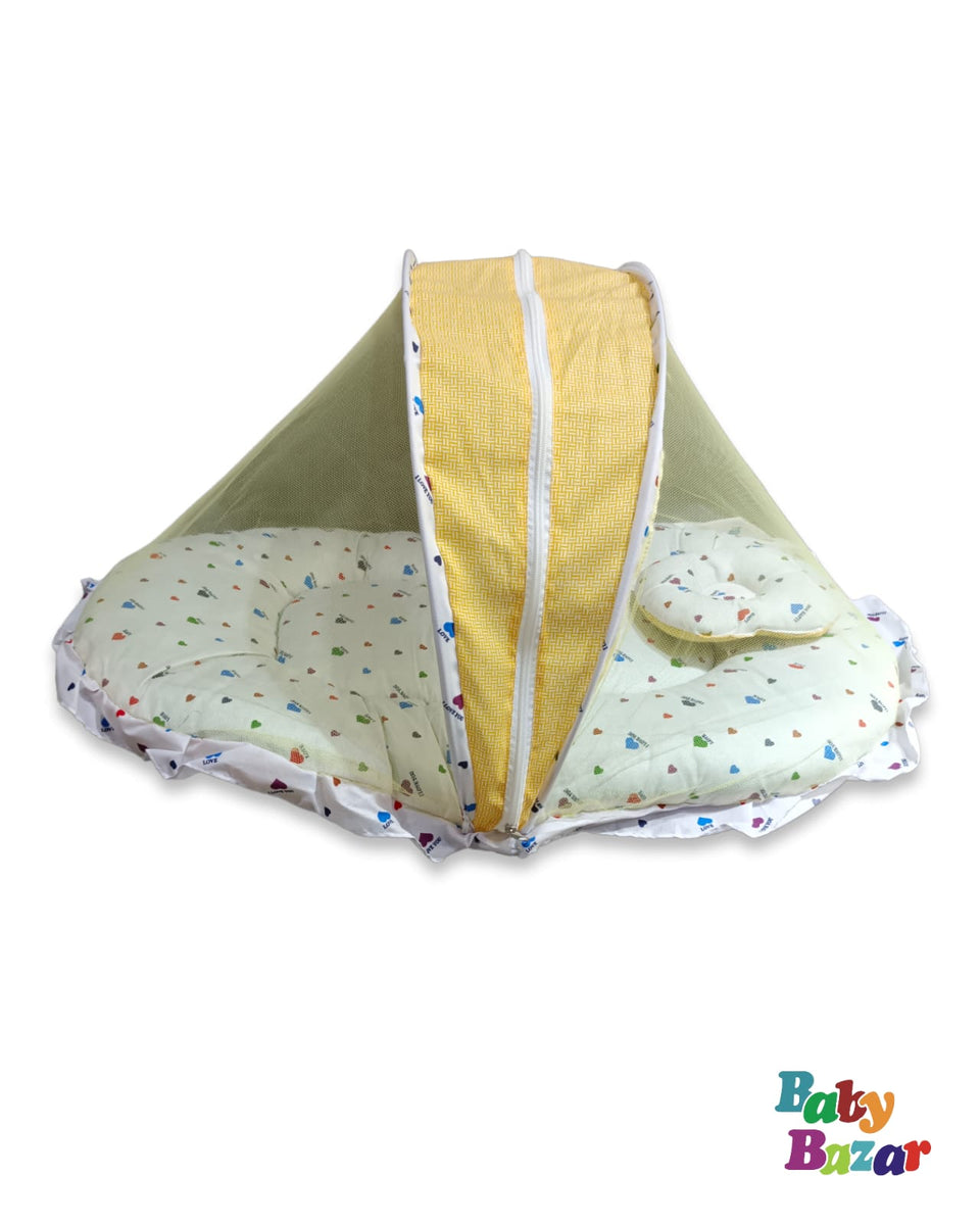 Baby Foldable Bister In Yellow Color With Mosquito Net – Baby Bazar