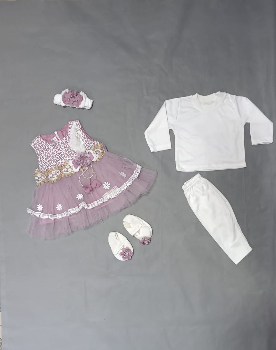 Beautiful Turkish Frock Set For New Born Baby Girl With Booties And He ...