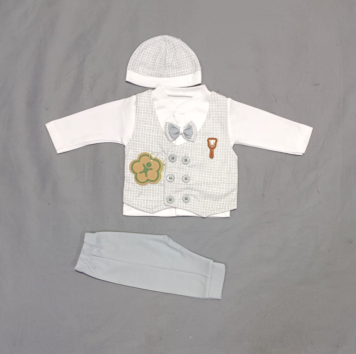 New Born Baba Dress With Attach Waistcoat and Bow Design In Grey Color ...