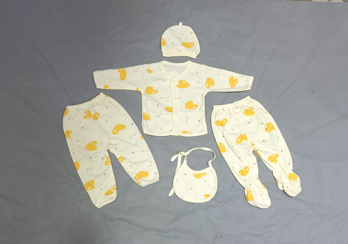 New Born Babies 5Pc Set IN Heart Printed Design Yellow Color – Baby Bazar