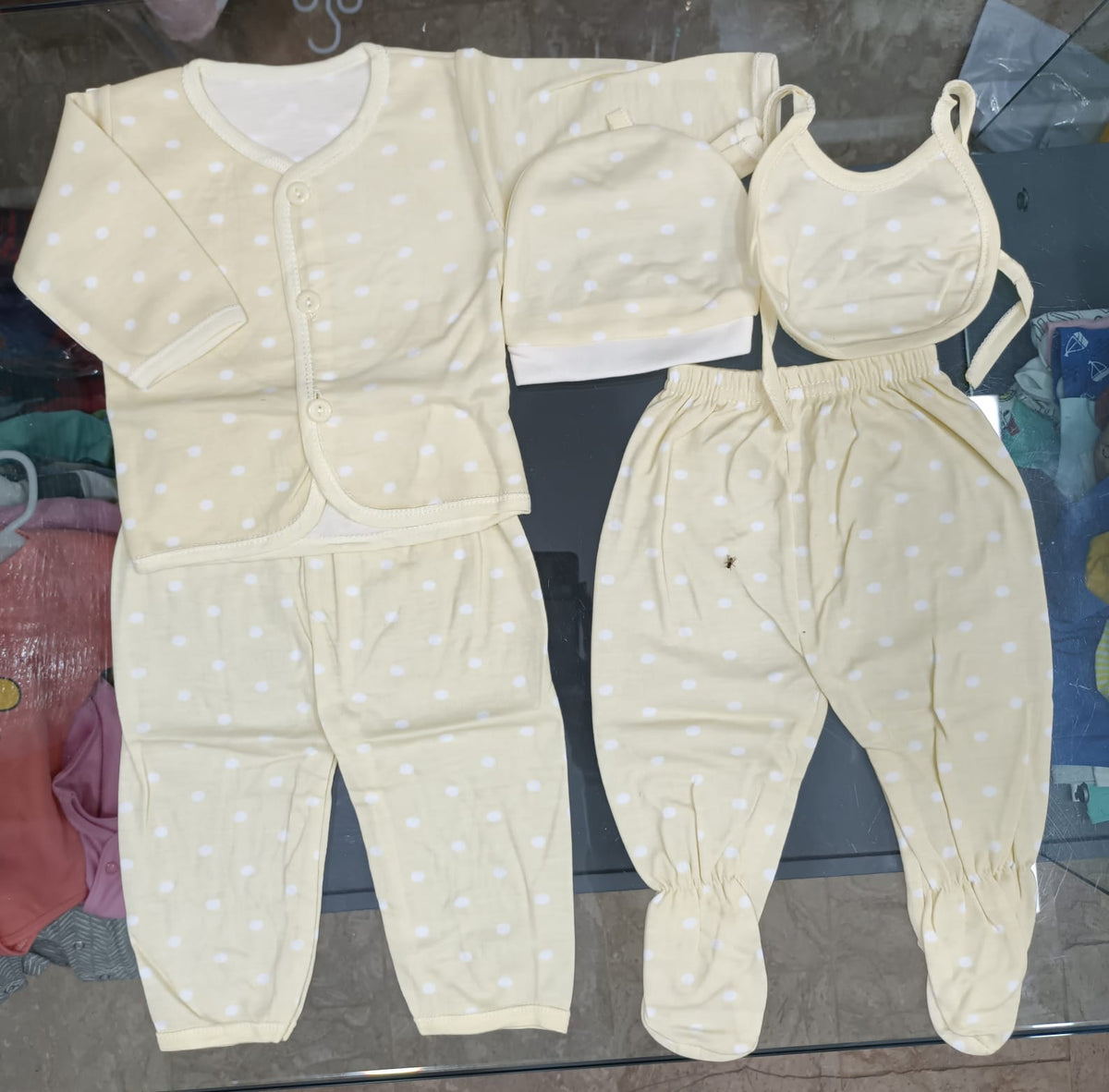 New Born Babies 5Pc Set In Dotted Design Yellow Color – Baby Bazar