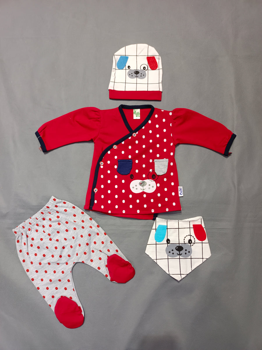 New Born Baby 4Pc Set In Terry Stuff Red Color – Baby Bazar