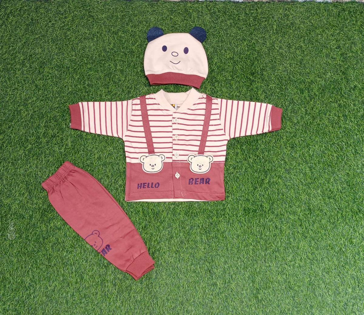 New Born Baby Boy Dress In Hello Bear Design Maroon Color – Baby Bazar