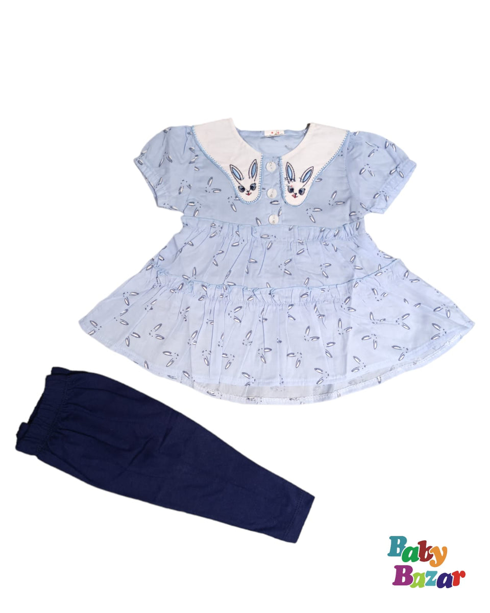 New Cotton Stuff Frock With Pajama For Baby Girls Blue Color – Baby Bazar